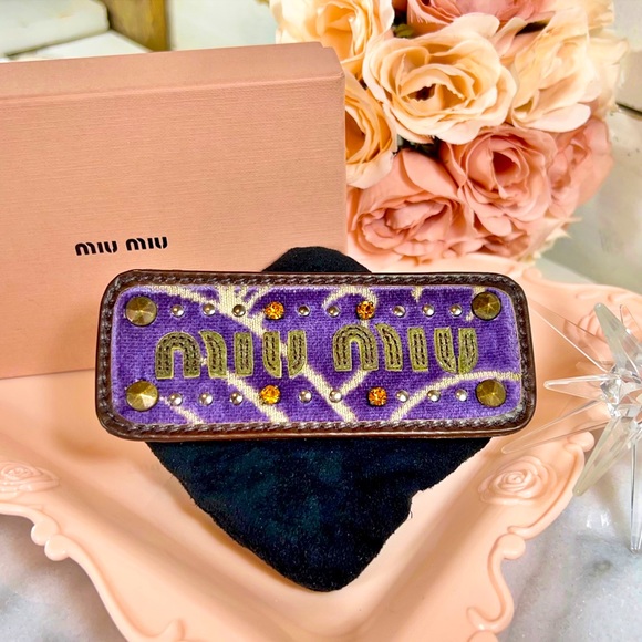 Miu Miu | Jewelry | Miu Miu Large Crystal Velvet Logo Brooch | Poshmark